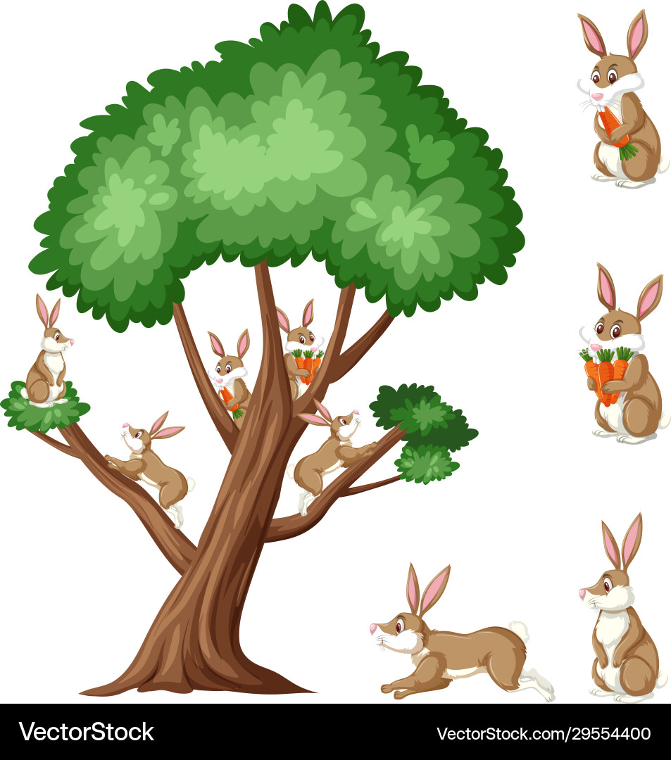 Big tree and brown rabbits with carrots on white Vector Image