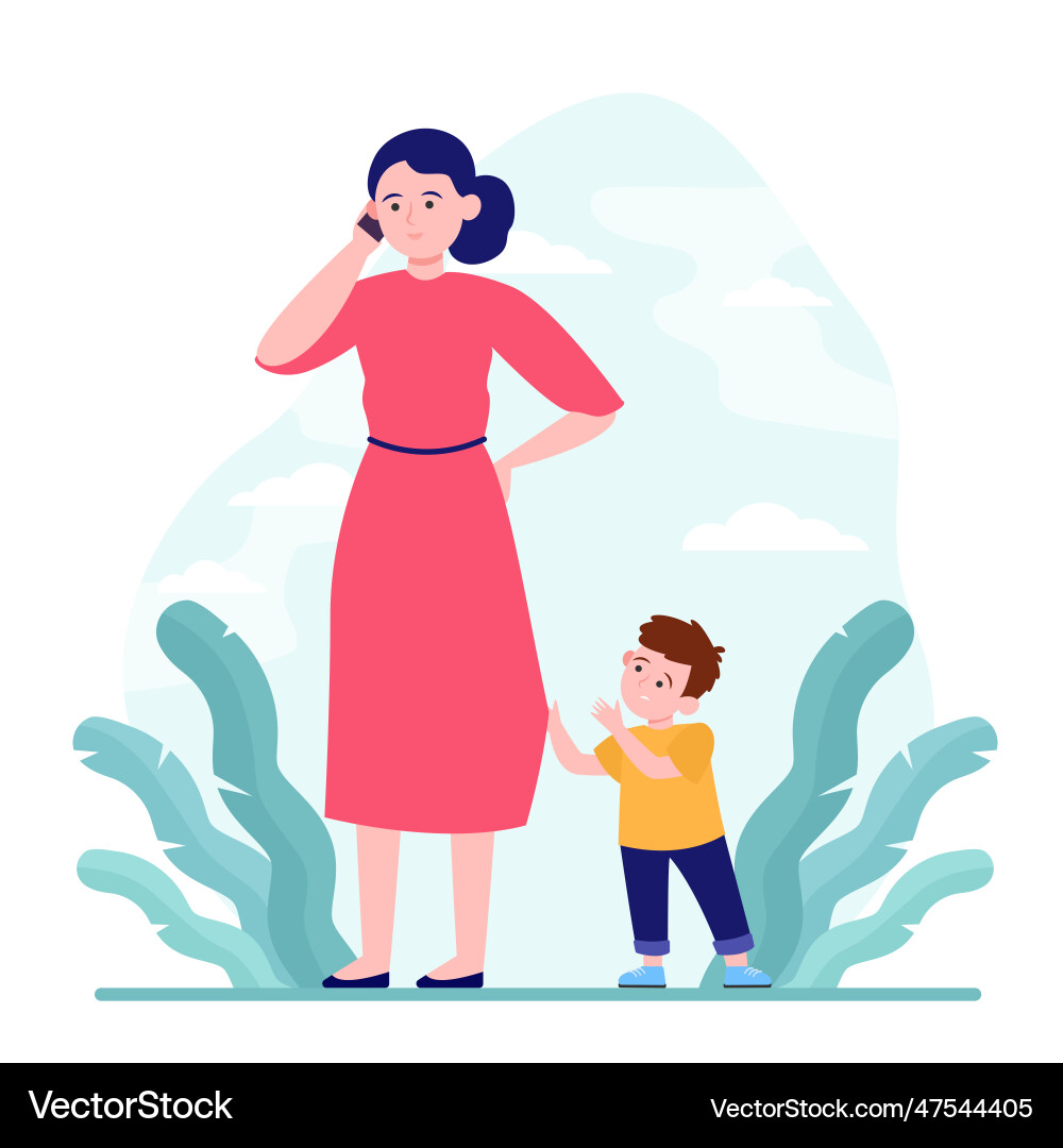 Mom talking on phone while walk with son outdoors Vector Image