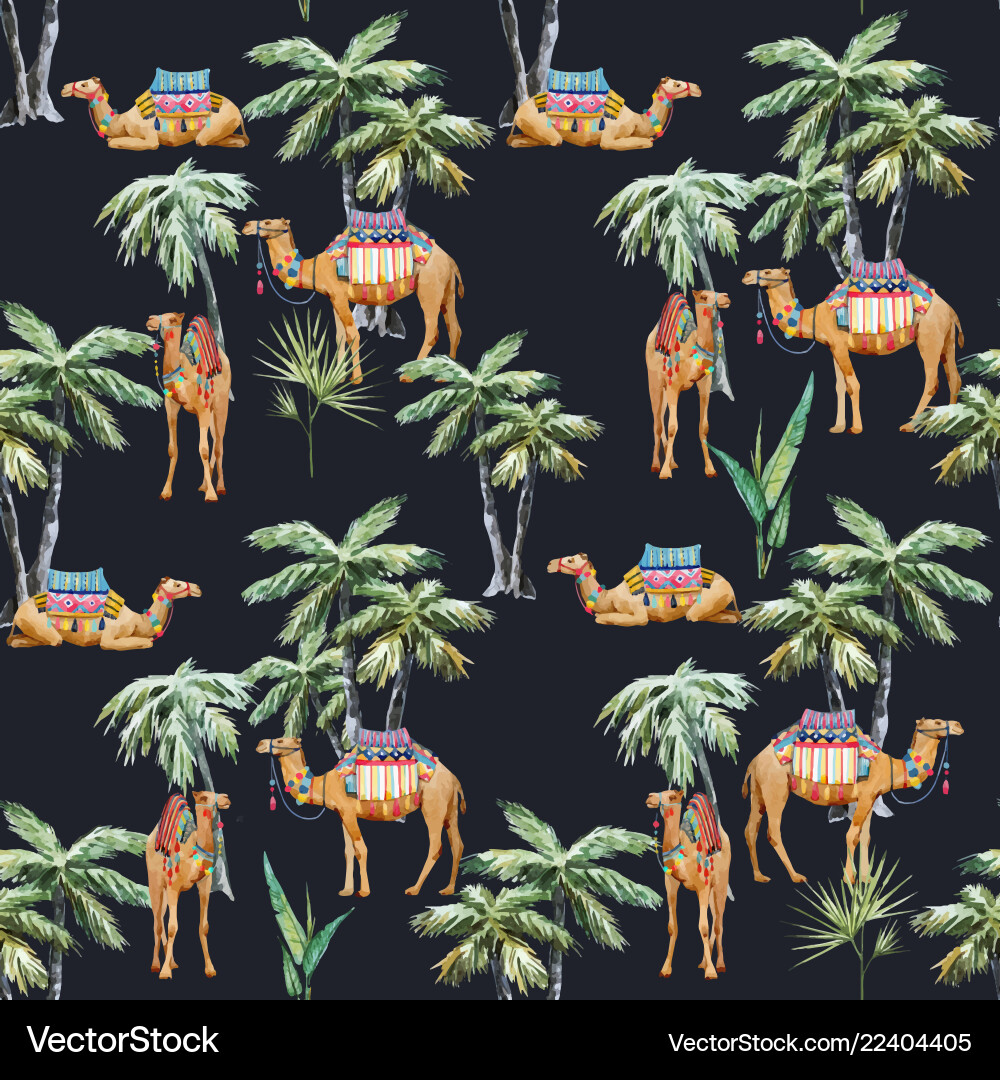 Watercolor camel and palm pattern Royalty Free Vector Image
