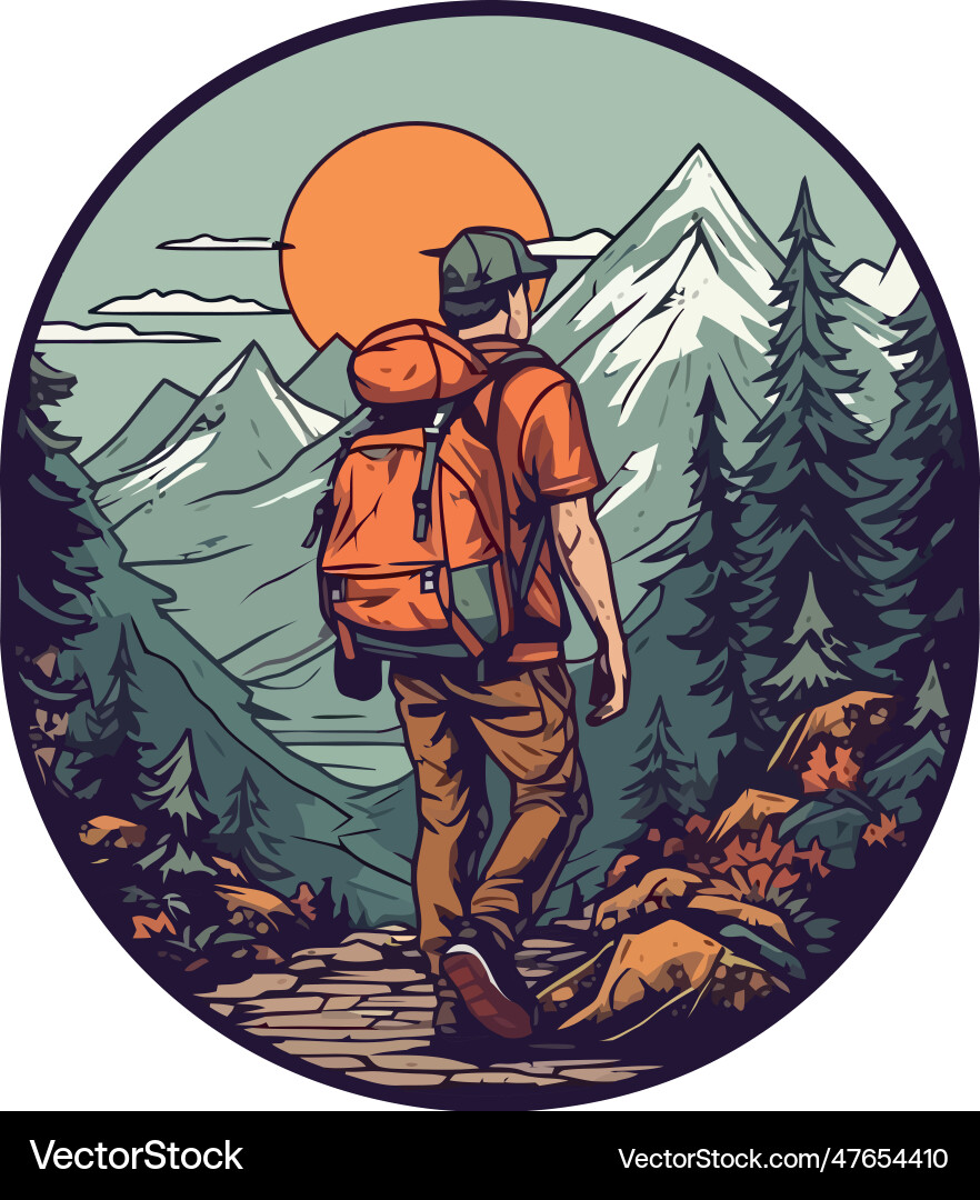 Man mountain climber through forest conquers peak Vector Image