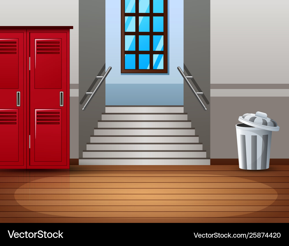 Bright college interior hallway with red locker Vector Image