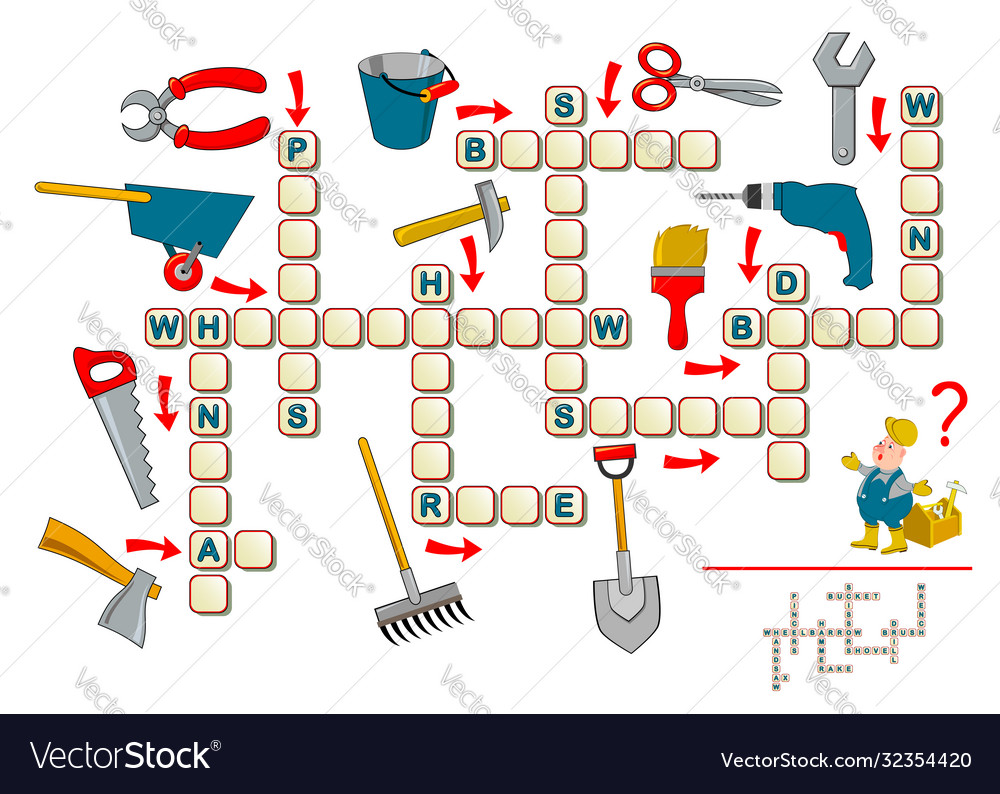 Crossword Puzzle Game For Kids With Working Tools Vector Image
