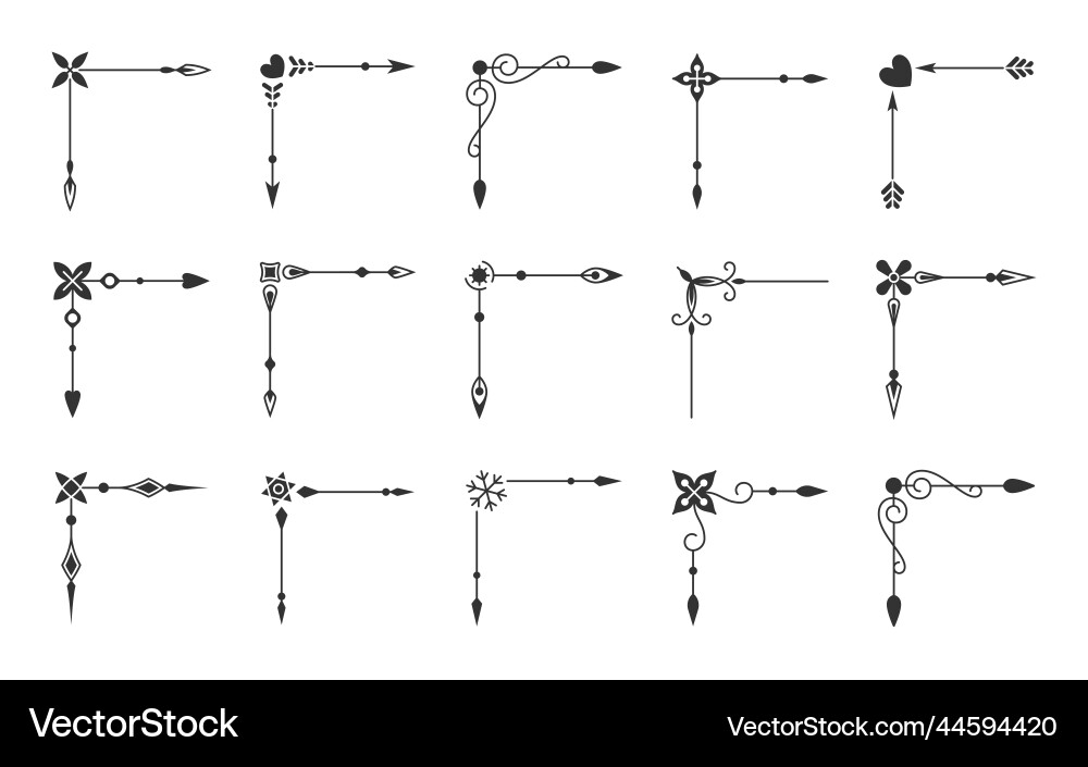Retro corner frame floral line accent element set Vector Image