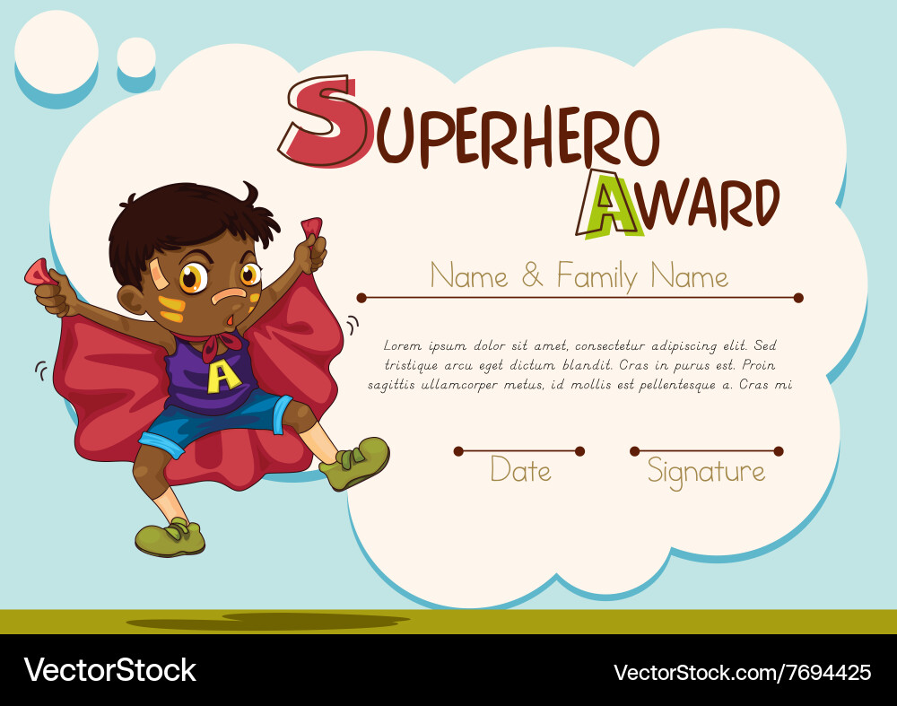 Certificate with boy being superhero background Vector Image