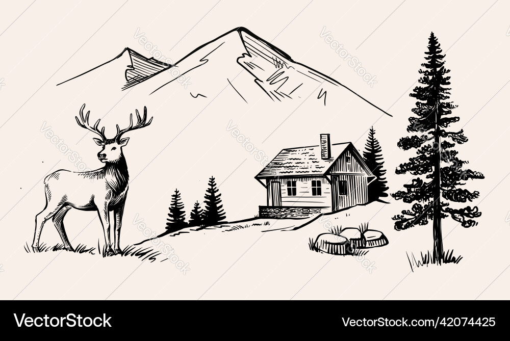 Mountains and house with deer nature Royalty Free Vector