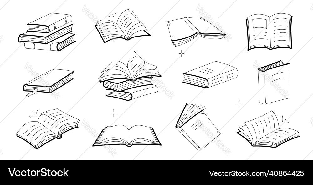 Sketches of open closed books stack textbooks Vector Image