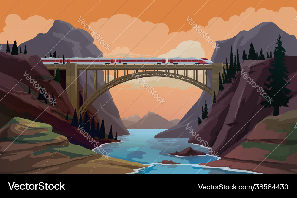Railroad travel passenger train on bridge Vector Image