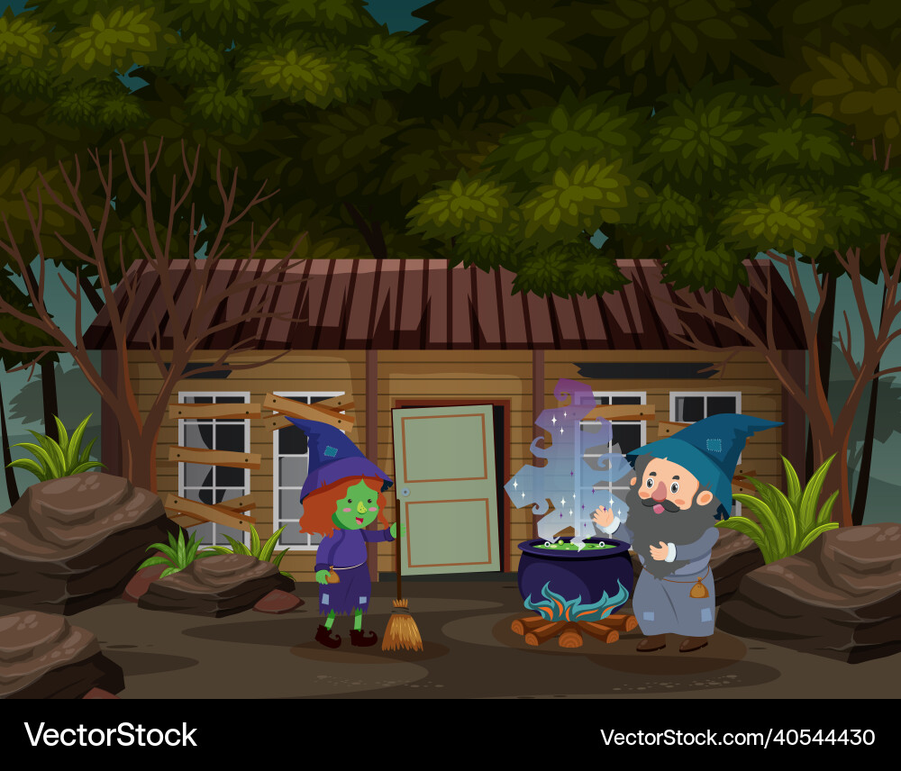 Witch and wizard cooking potion in front of old Vector Image