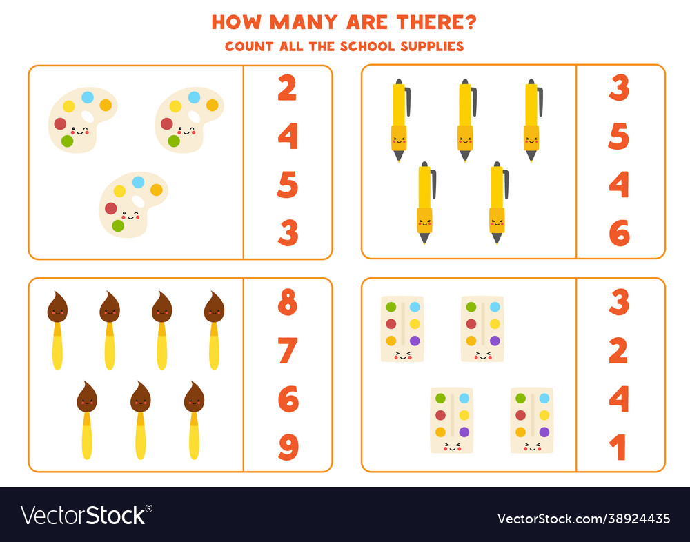 Counting game with cute kawaii school supplies Vector Image