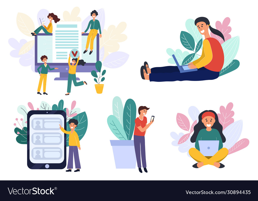 Set people with laptop computers tablets Vector Image