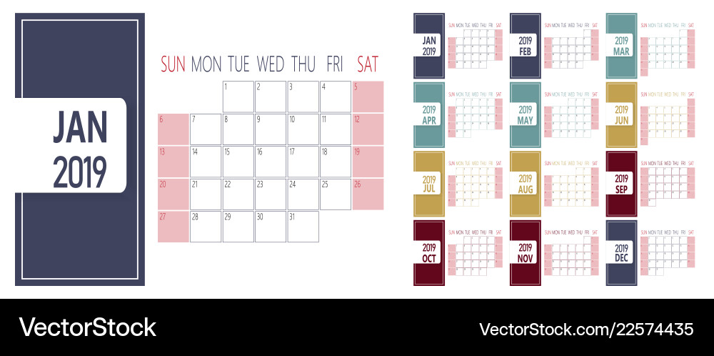 Simple 2019 new year calendar template week Vector Image