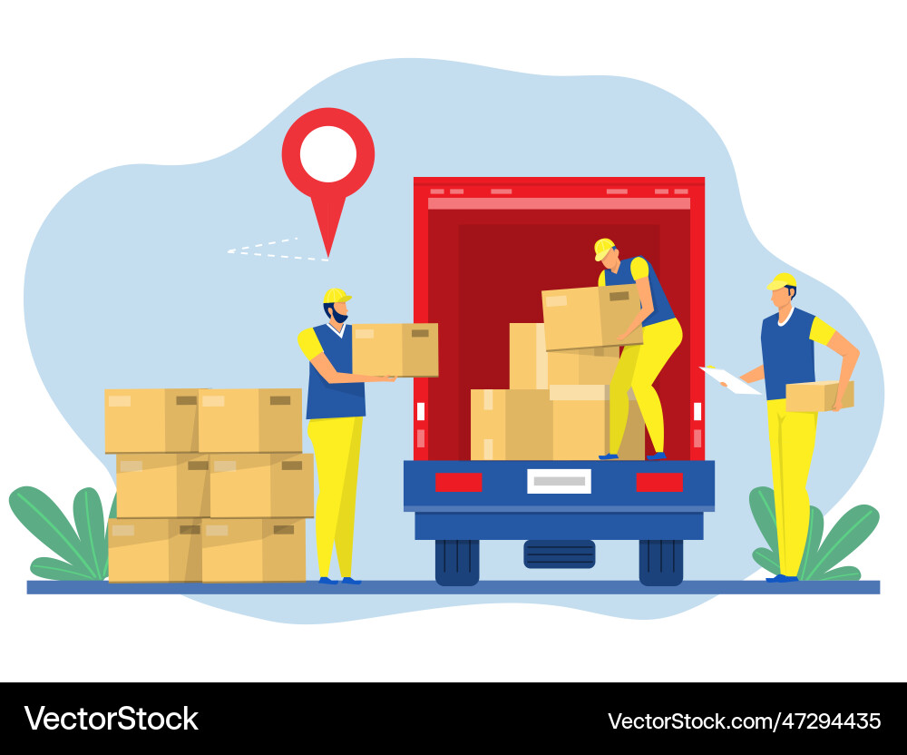 Worker carrying boxes on truck delivering Vector Image