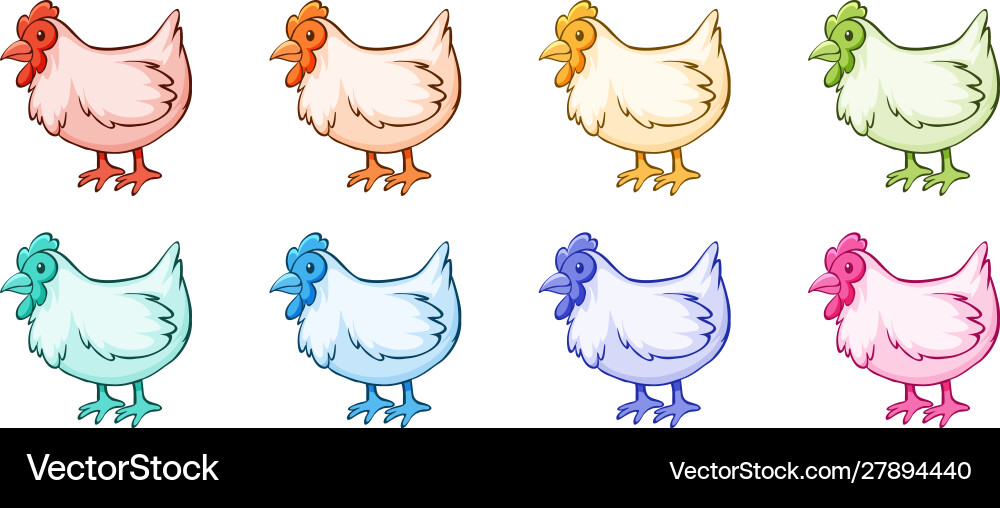 Isolated set chicken in many colors Royalty Free Vector