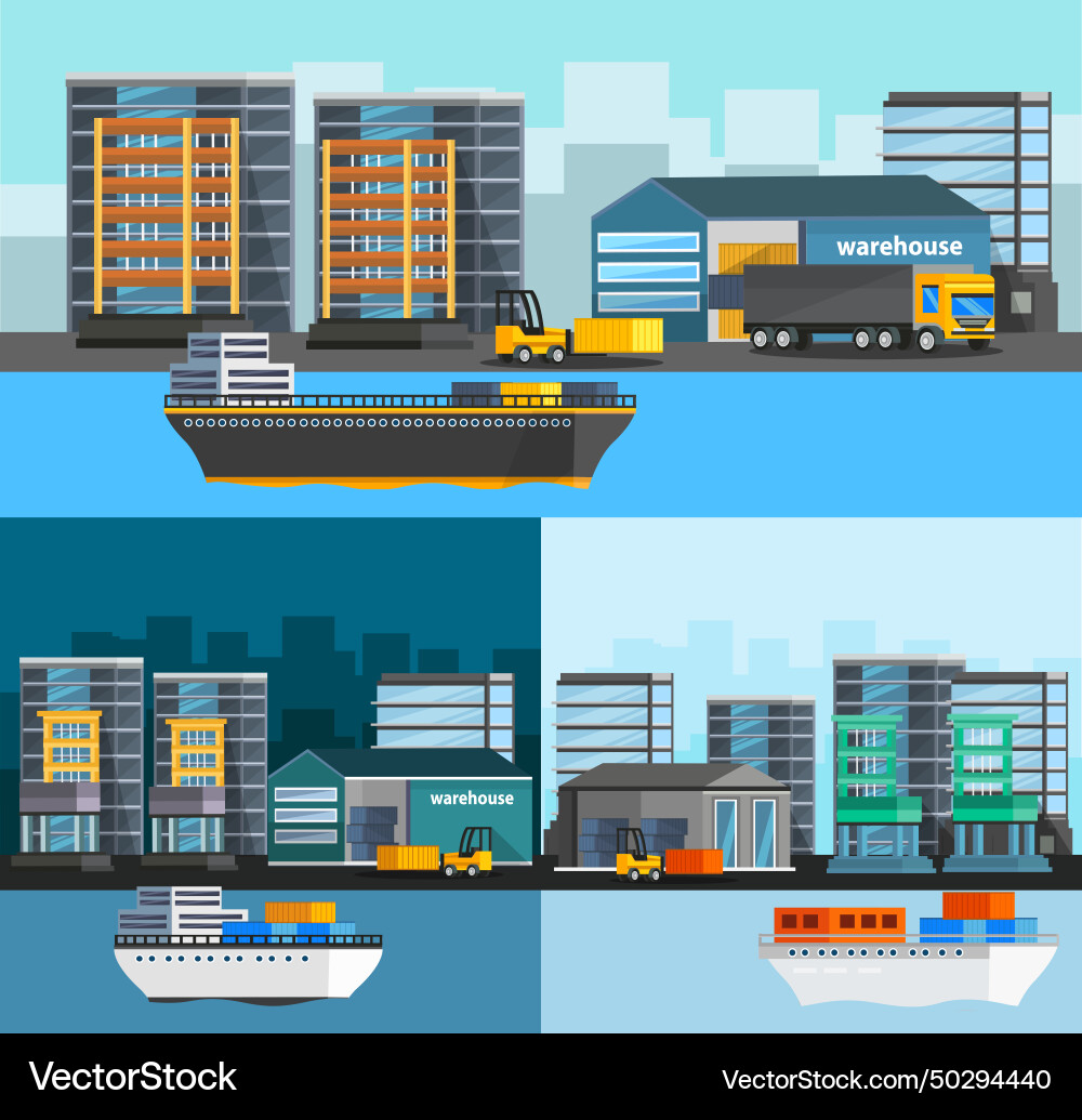 Sea port orthogonal compositions set Royalty Free Vector