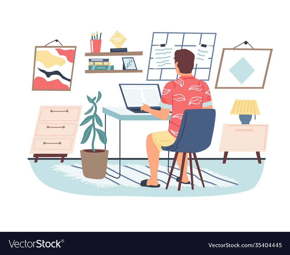 Freelancer cartoon young man working with laptop Vector Image