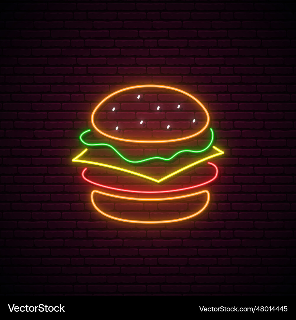 Neon burger sign glowing emblem isolated Vector Image