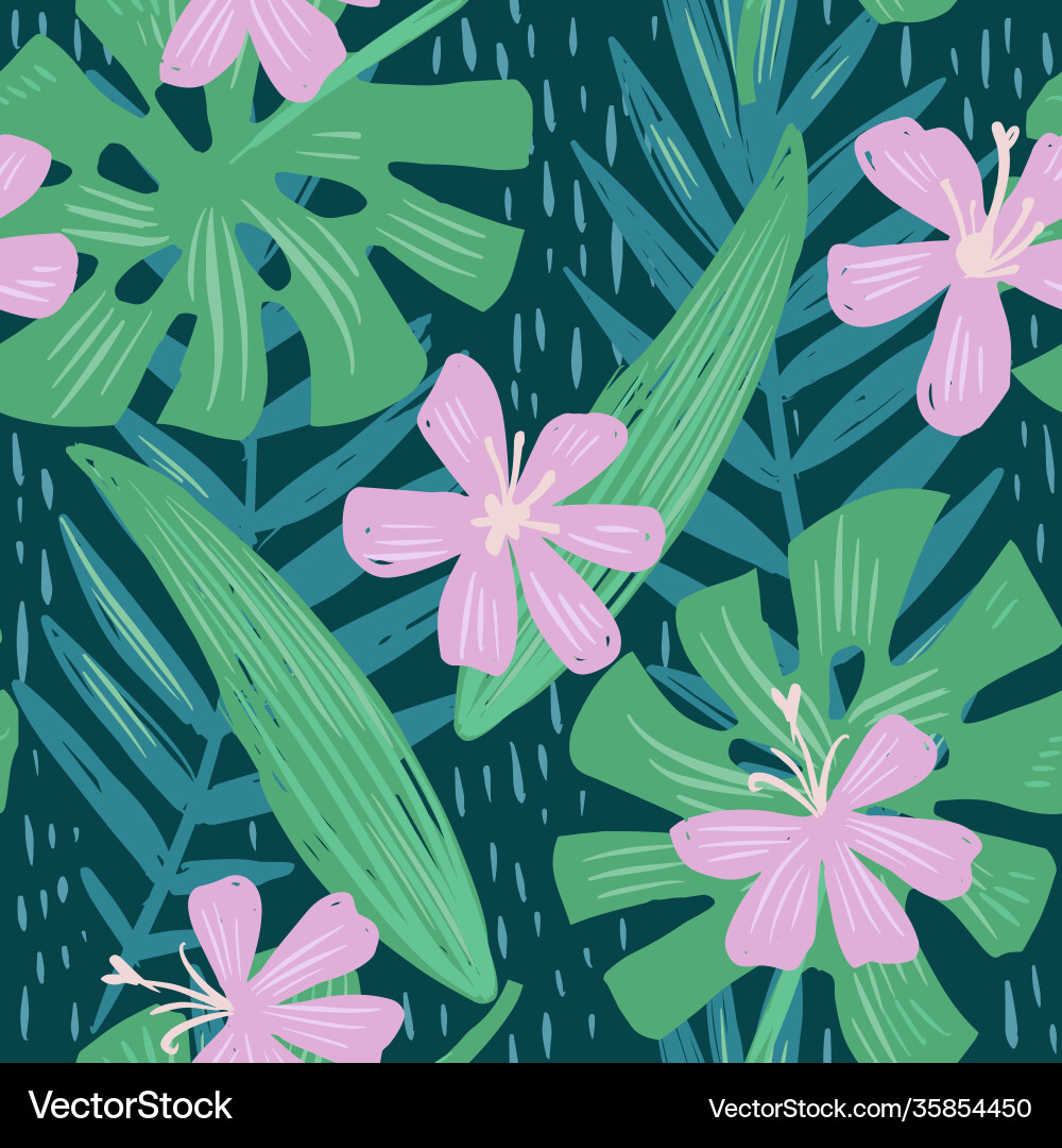 Cute tropical seamless pattern with pink flowers Vector Image
