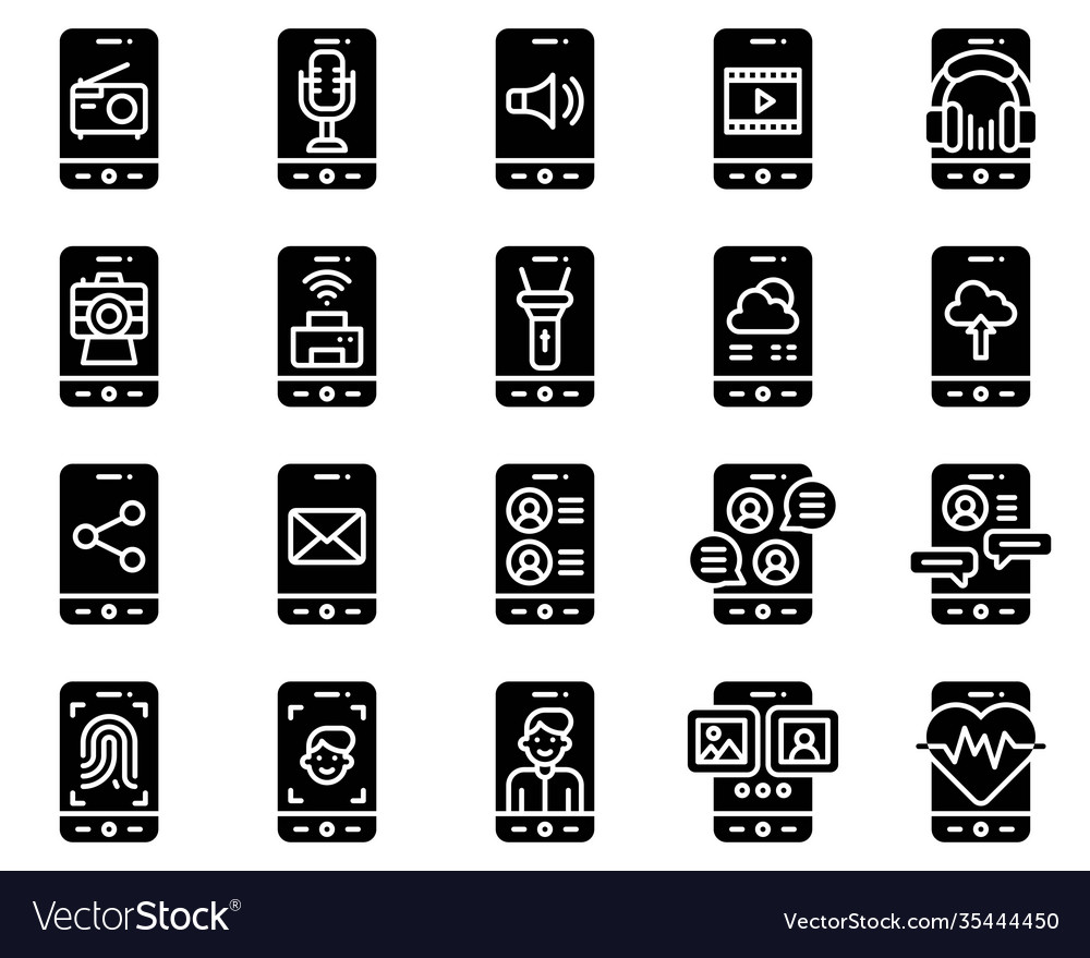 Mobile application icon set solid stye Royalty Free Vector