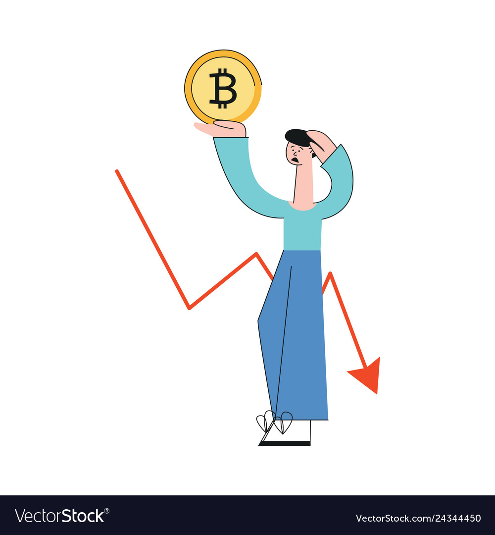 Sad man bitcoin decrease trend flat Royalty Free Vector