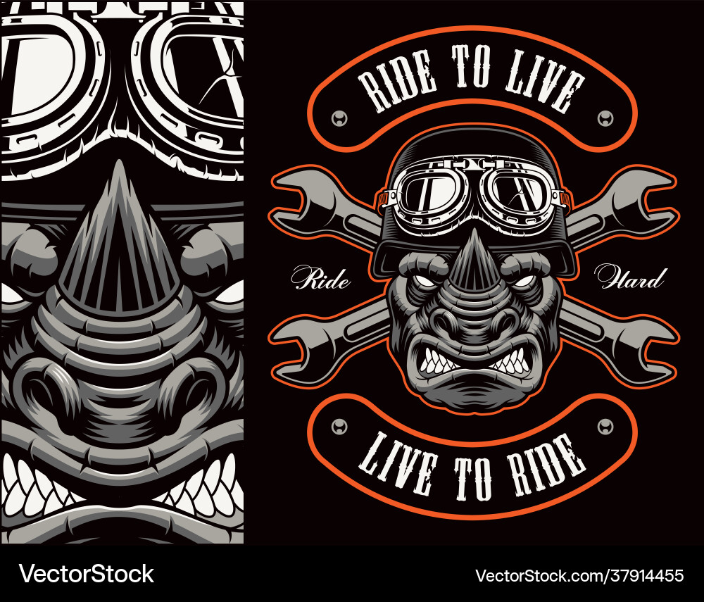 Colorful biker patch with a rhinoceros Royalty Free Vector