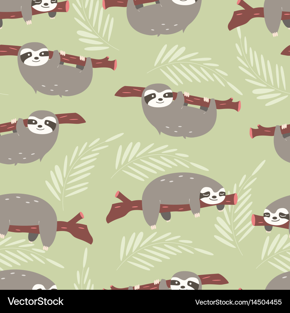 Seamless pattern with cute jungle sloths on green Vector Image
