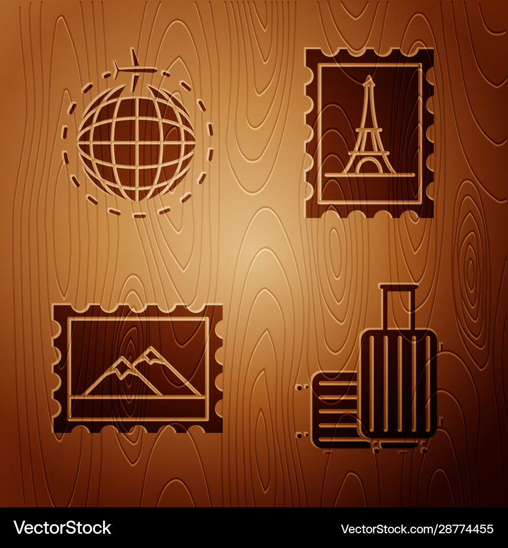 Set suitcase for travel globe with flying plane Vector Image