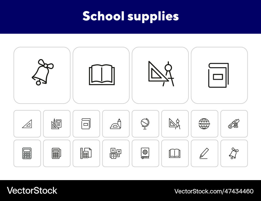 School supplies line icon set globe ruler Vector Image