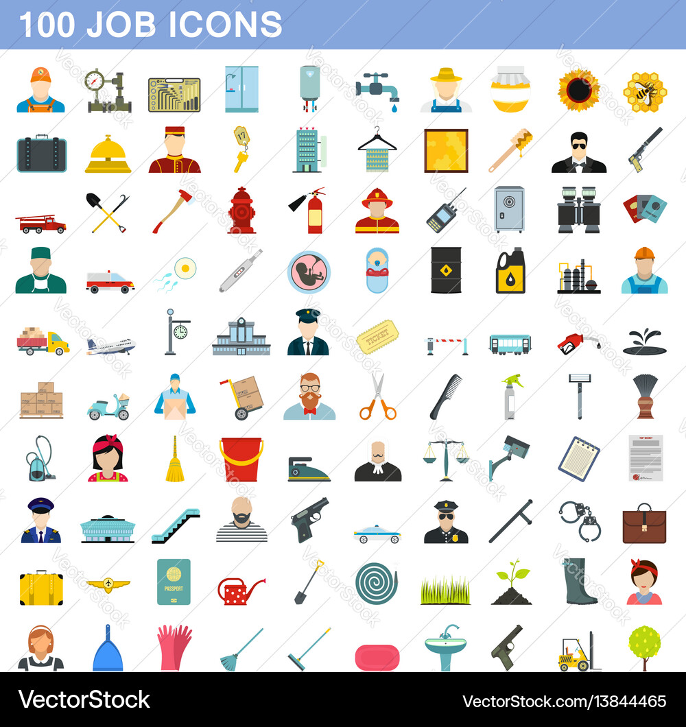 100 job icons set flat style Royalty Free Vector Image