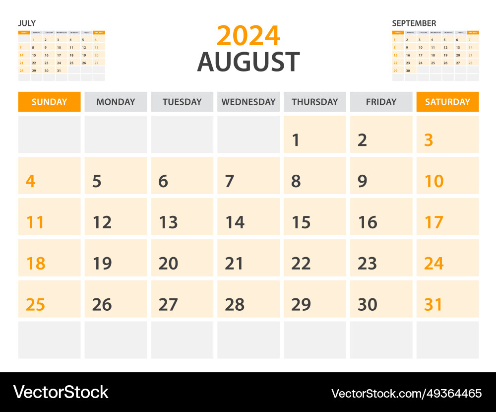 Calendar 2024 template- august year monthly Vector Image
