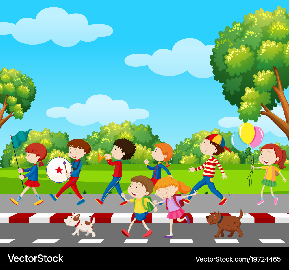 Children in band marching park Royalty Free Vector Image