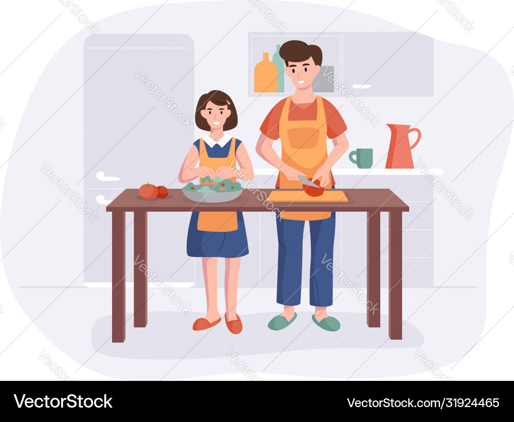 Father and daughter cooking dinner at table Vector Image