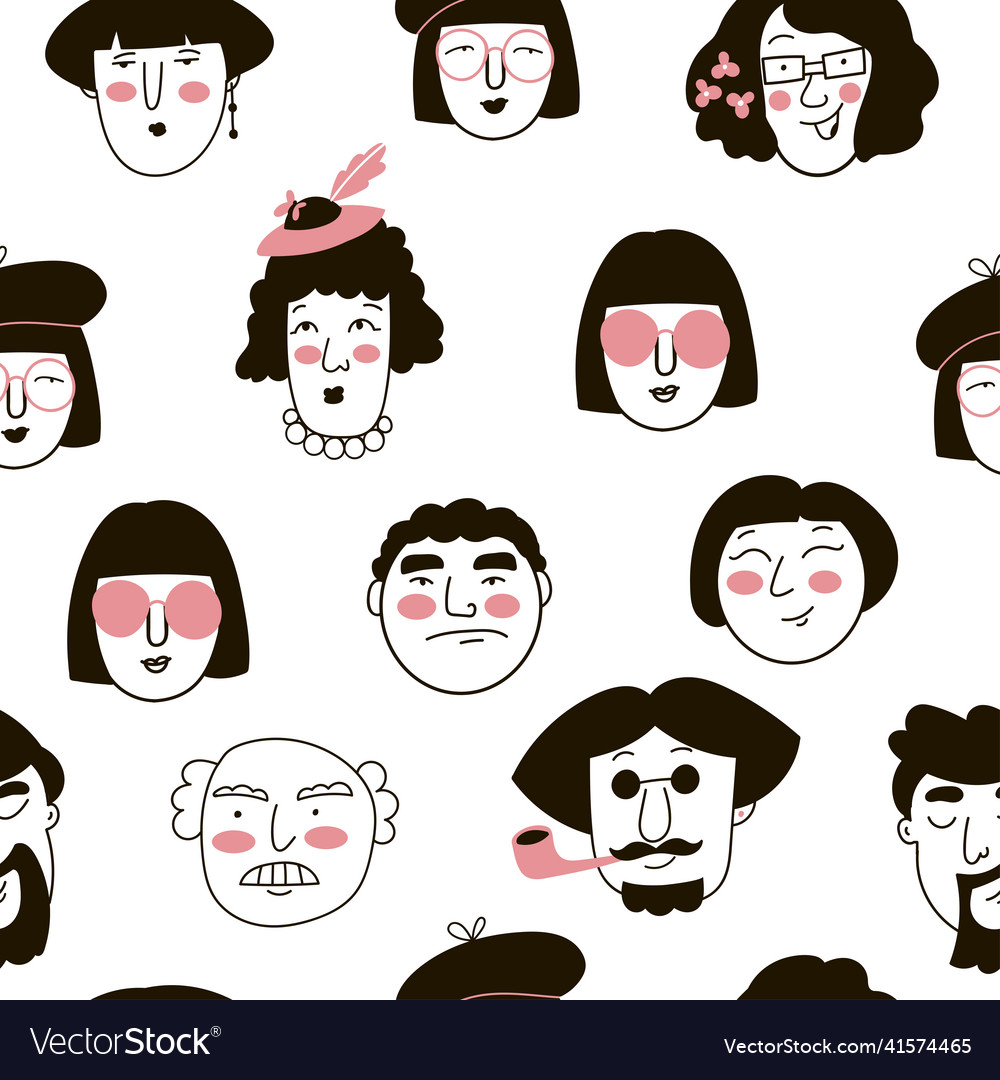 Funny seamless pattern with doodle faces on white Vector Image