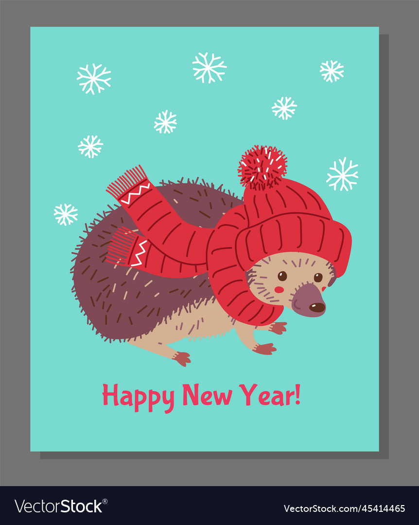 New year card with hedgehog in winter hat Vector Image