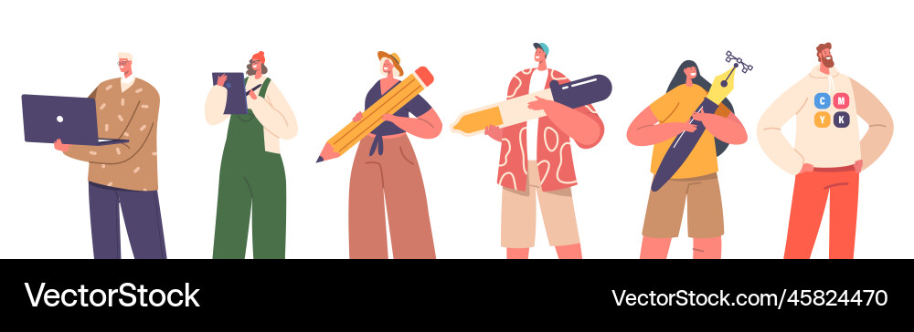 Creative men and women characters team with tools Vector Image