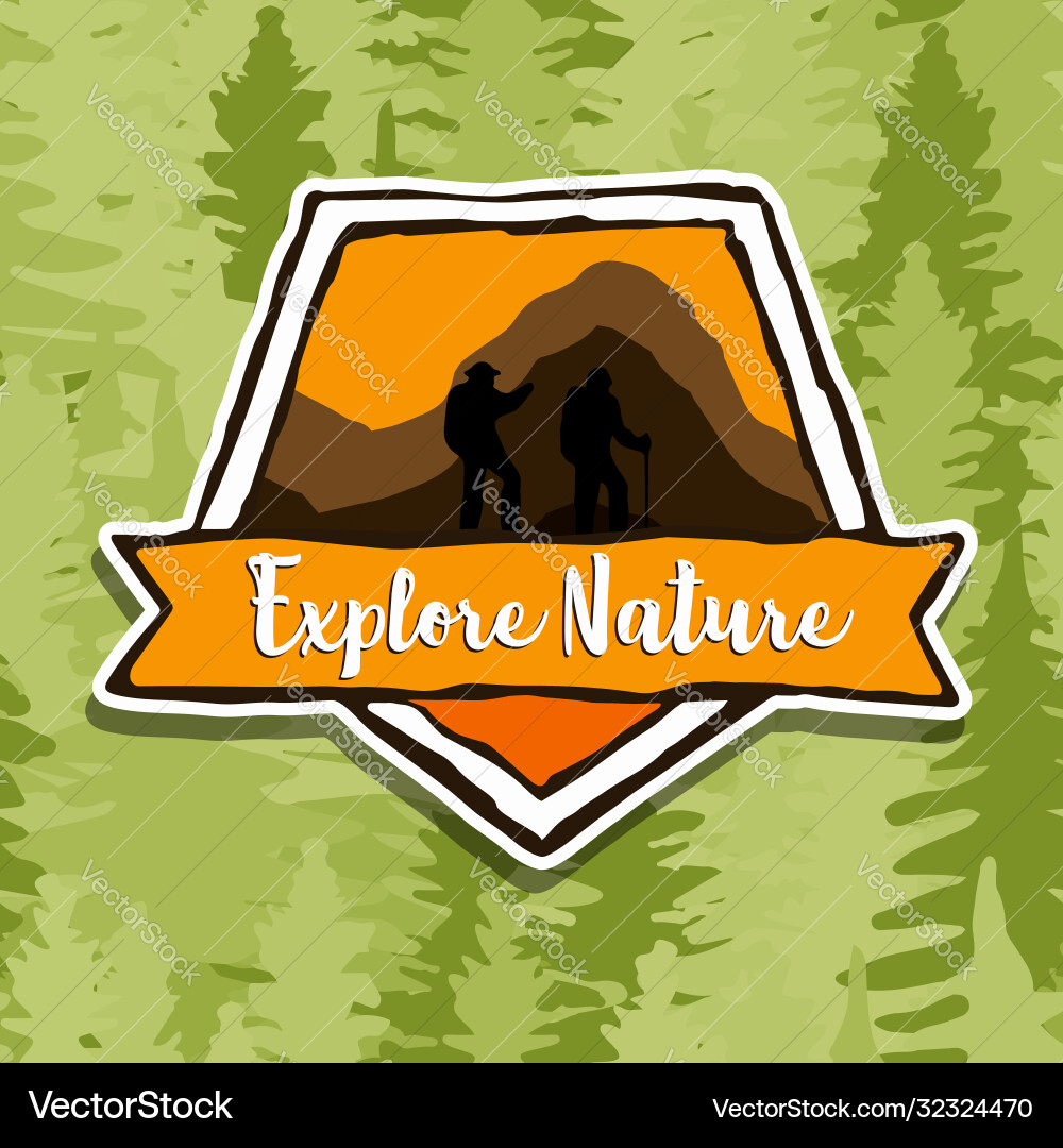 Explore nature label with people hiking mountain Vector Image