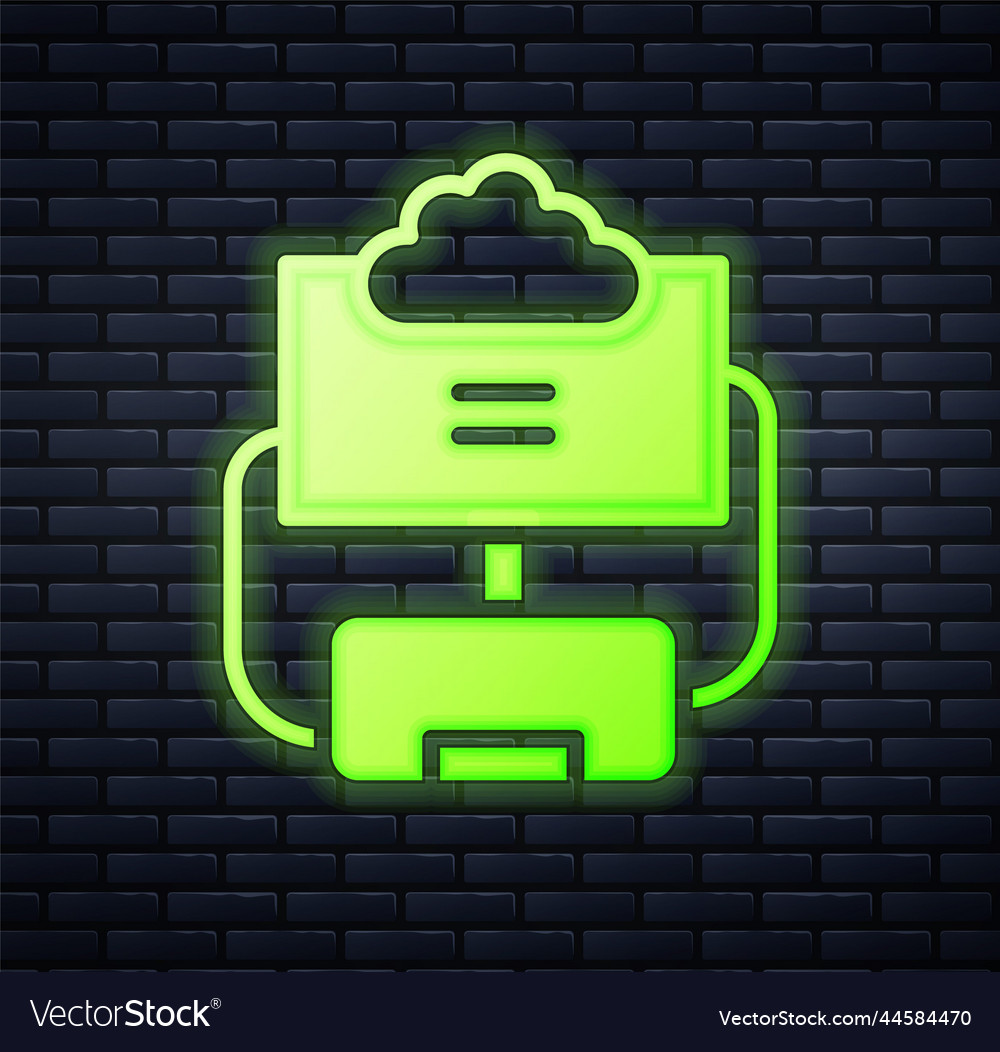 Glowing neon cloud database icon isolated on brick