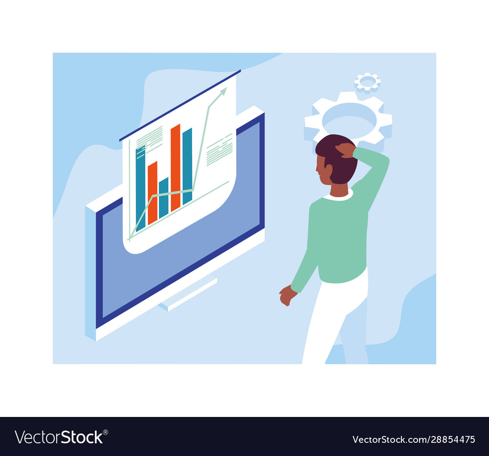 Man working in front computer screen Royalty Free Vector