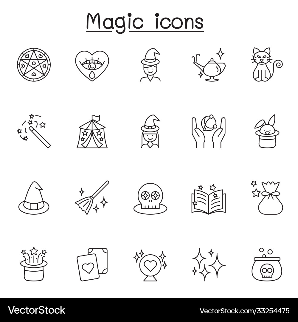 Set magic related line icons contains such Vector Image