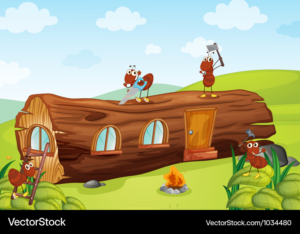Ants and wooden house Royalty Free Vector Image