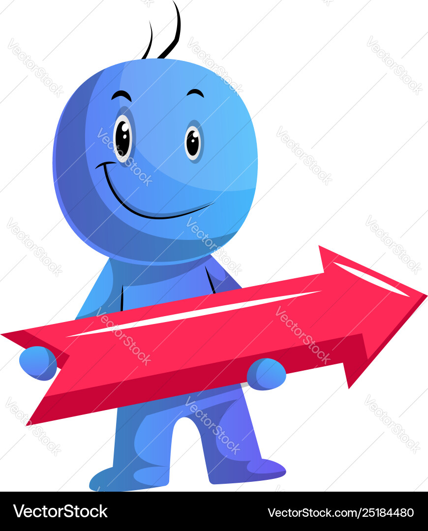 Blue cartoon character with red direction sign Vector Image