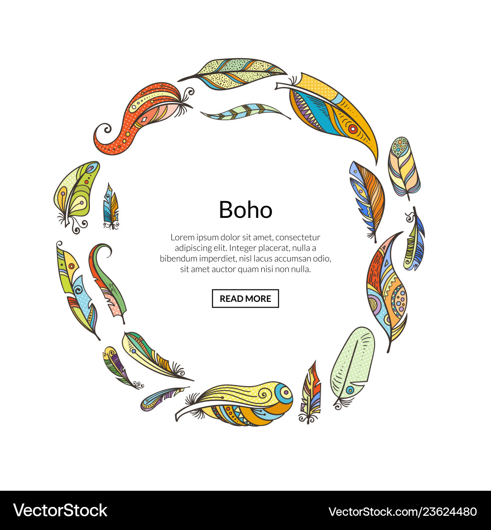 Boho doodle feathers in circle with place Vector Image