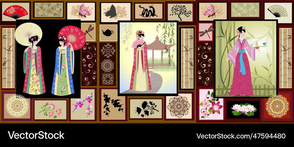 Chinese girls national patterns Royalty Free Vector Image