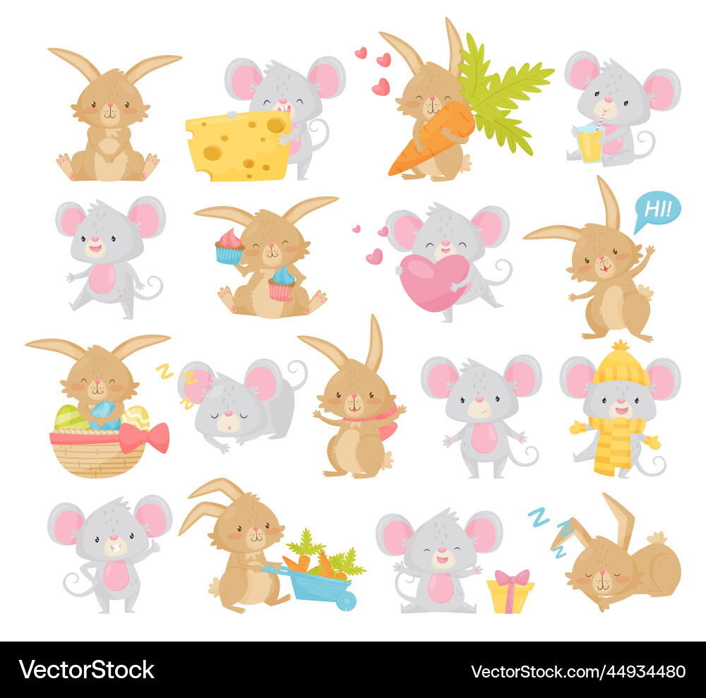 Cute little bunny and mouse characters set funny Vector Image