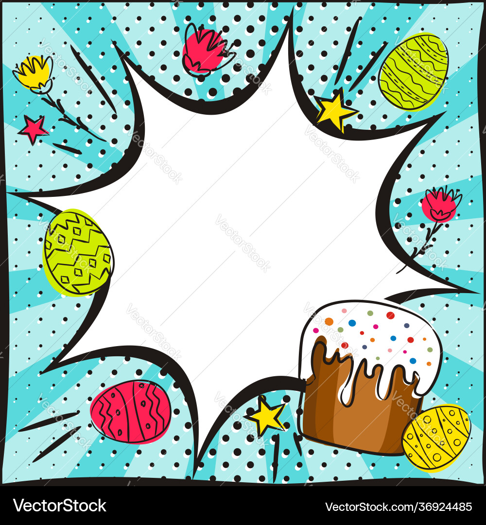 Popart banner with painted eggs and cake Vector Image