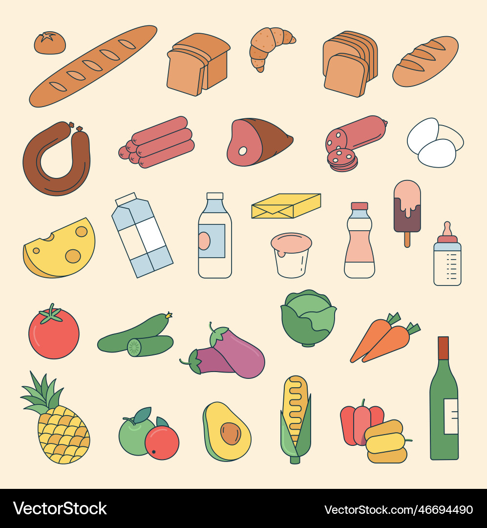 Thin line color grocery icons Royalty Free Vector Image