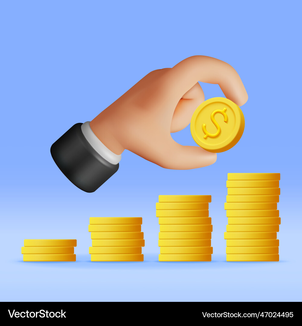 3d stack of gold coins and hand Royalty Free Vector Image