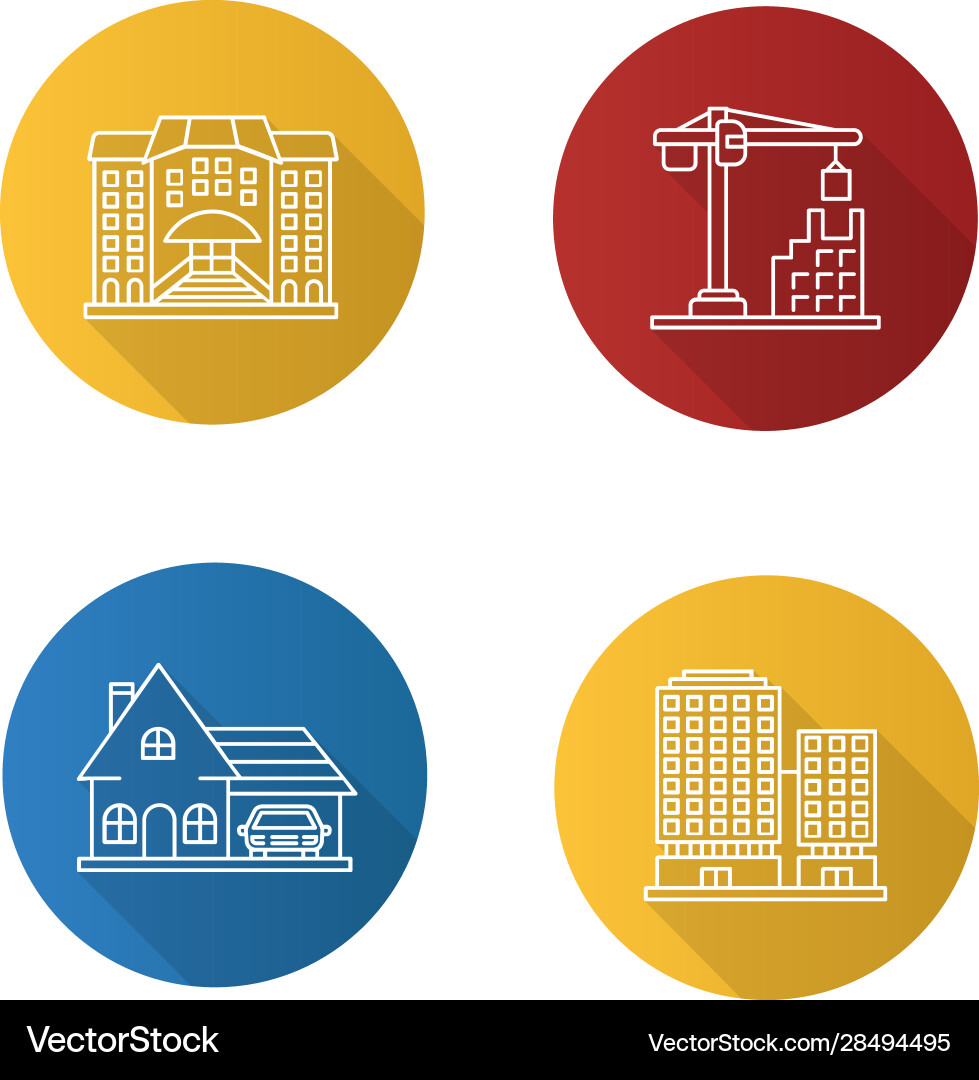 City buildings flat linear long shadow icons set Vector Image