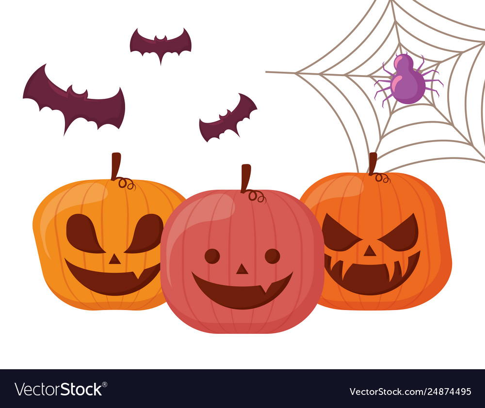 Happy halloween pumpkins with bats and spider Vector Image
