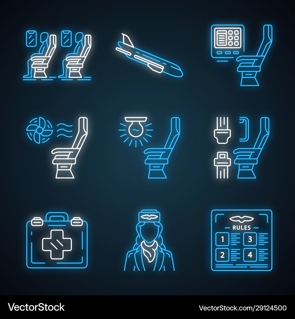 Aviation services neon light icons set Royalty Free Vector