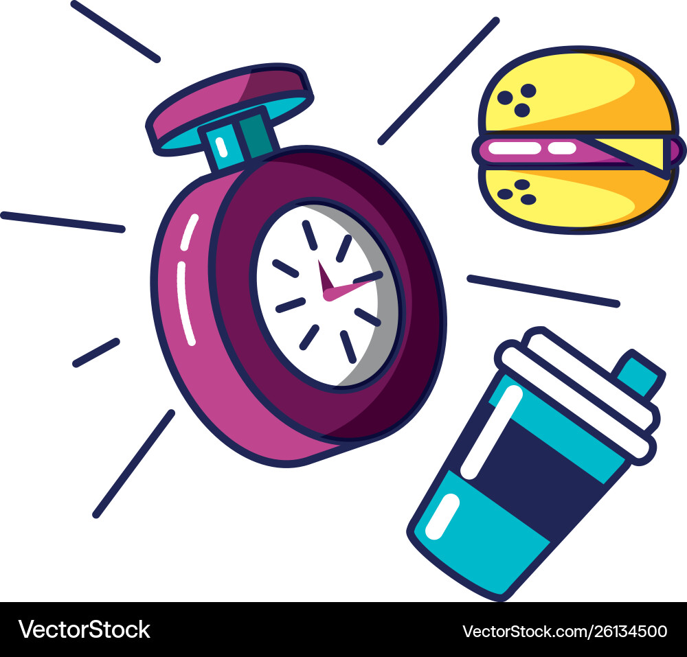 Chronometer time with hamburger and drink bottle Vector Image